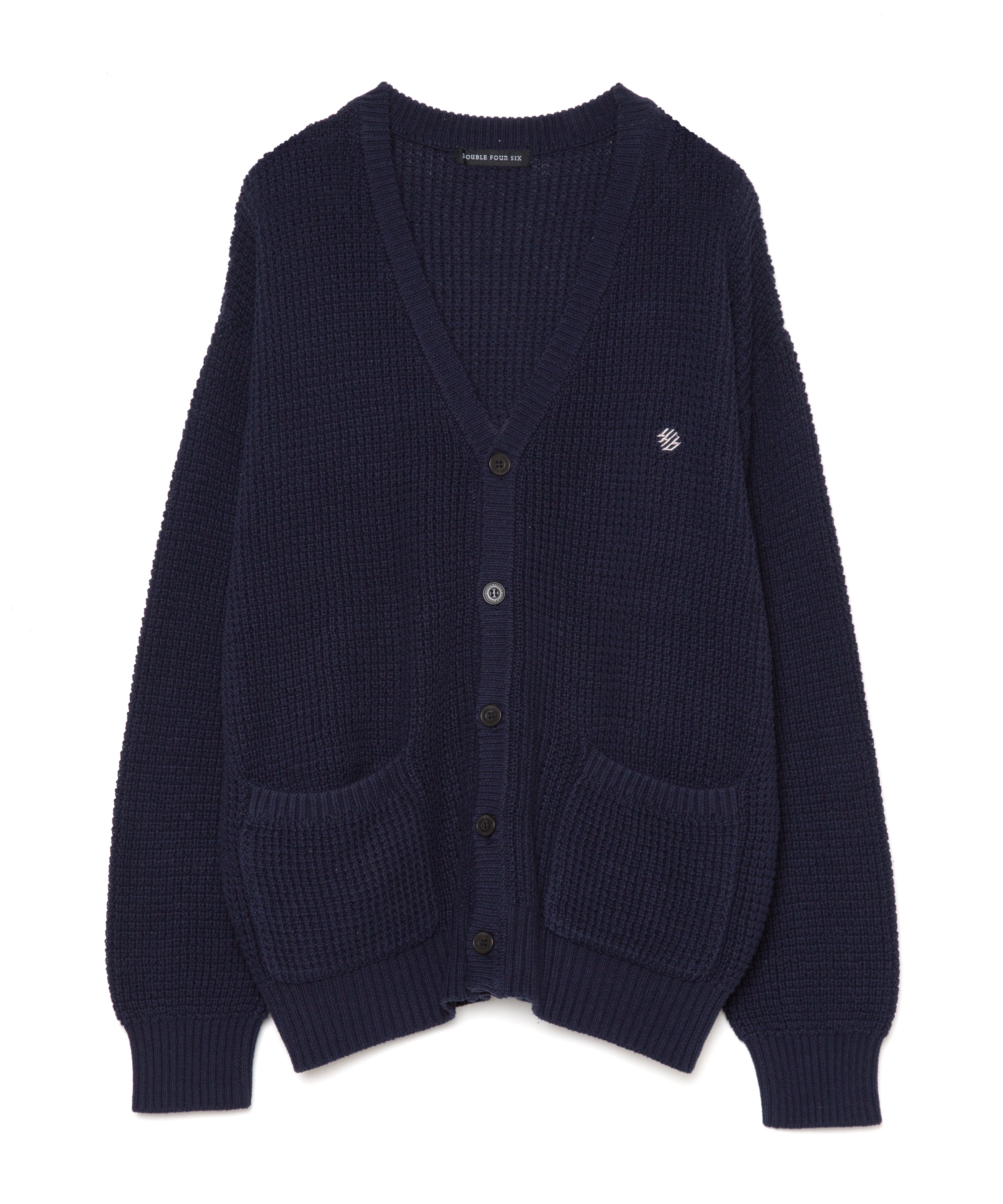 446-Logo Waffle Knit Cardigan Navy – 446 - DOUBLE FOUR SIX